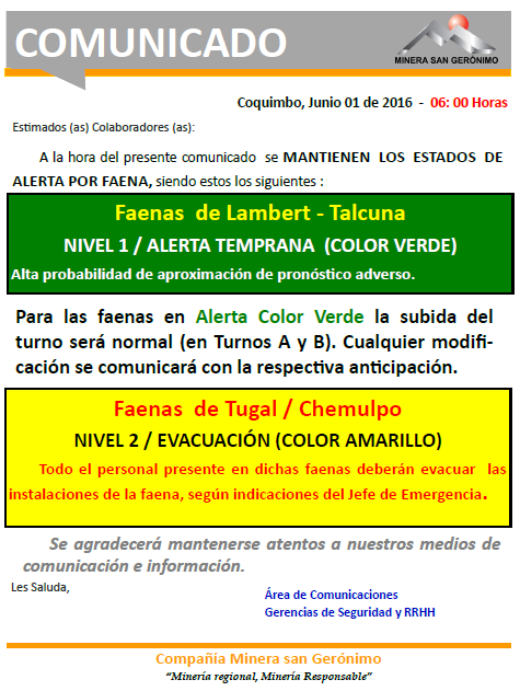 Estado de Alerta a las 06:00 Horas